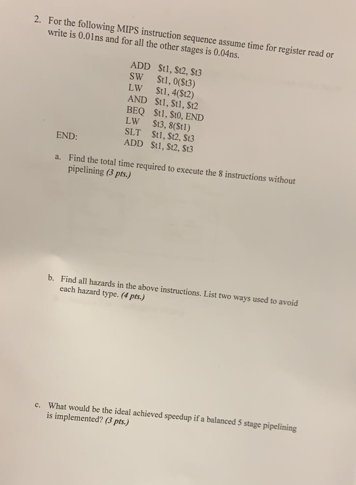 Solved 2. For the following MIPS instruction sequence assume | Chegg.com