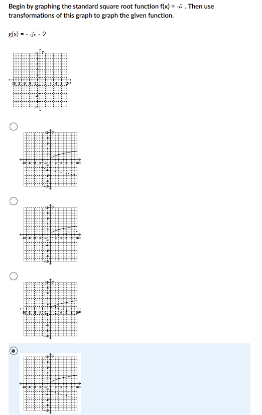 Solved Begin by graphing the standard square root function | Chegg.com