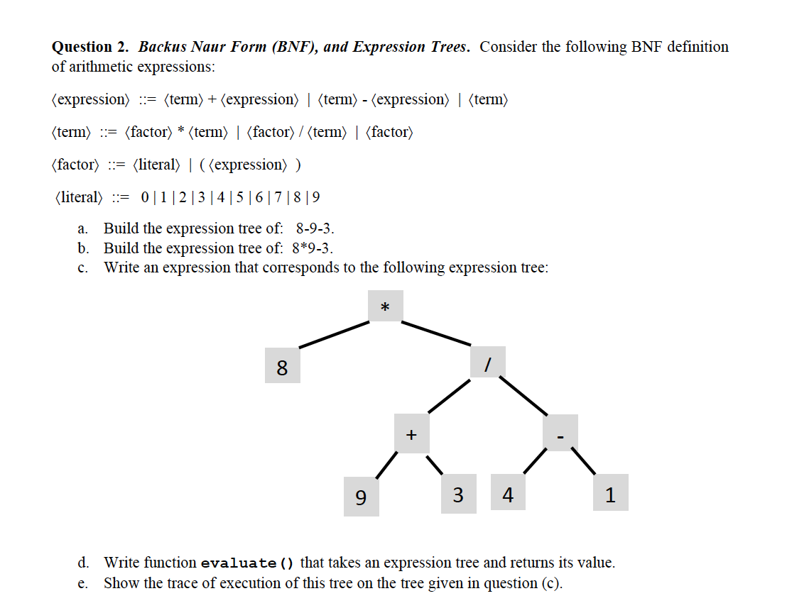 Solved Question 2. Backus Naur Form (BNF), and Expression | Chegg.com