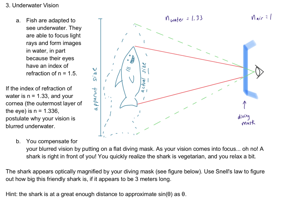 Solved 3. Underwater Vision a. n water = 1.33 Nair :/ Fish | Chegg.com