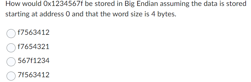 Solved How would 0x1234567f be stored in Big Endian assuming | Chegg.com