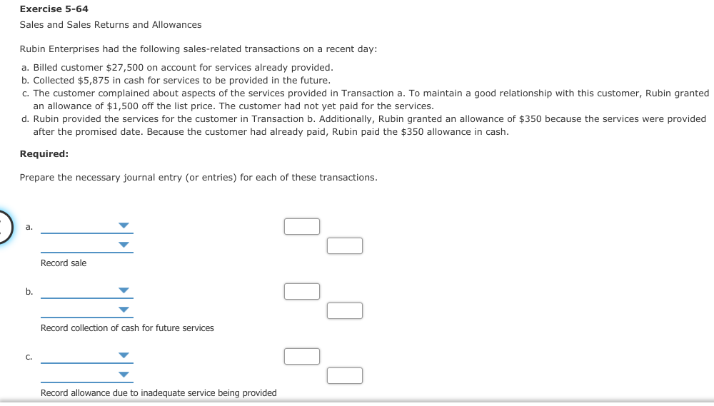 Solved Exercise 5-64 Sales and Sales Returns and Allowances | Chegg.com