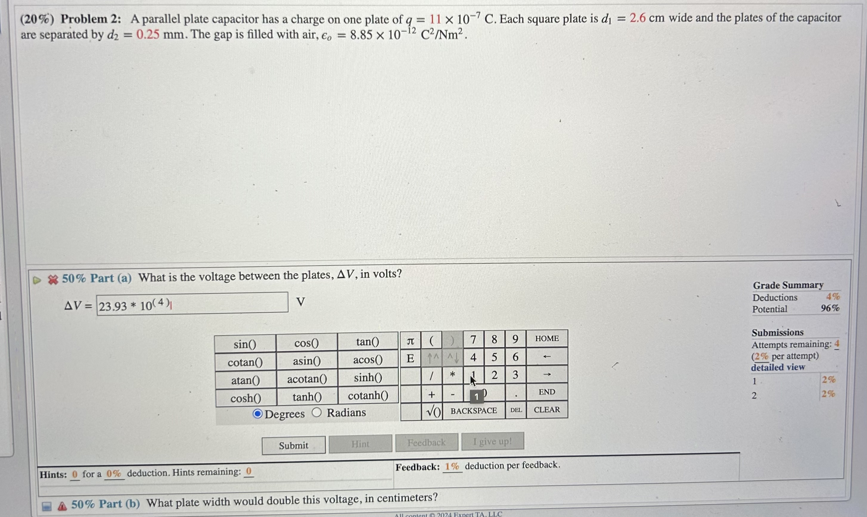 Solved Problem 2: A parallel plate capacitor has a charge on | Chegg.com