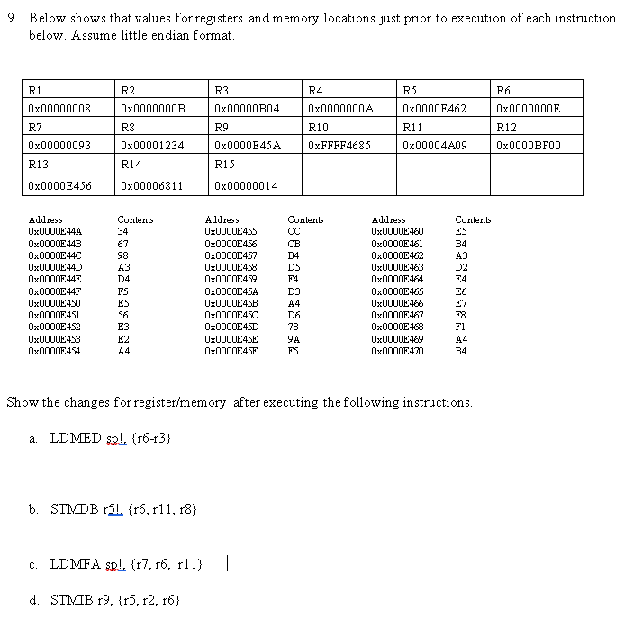 Solved 9. Below shows that values for registers and memory | Chegg.com