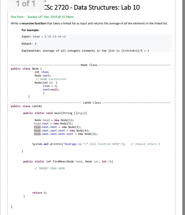 Solved 1 of 1 Sc 2720 Data Structures: Lab 10 Due Date: | Chegg.com