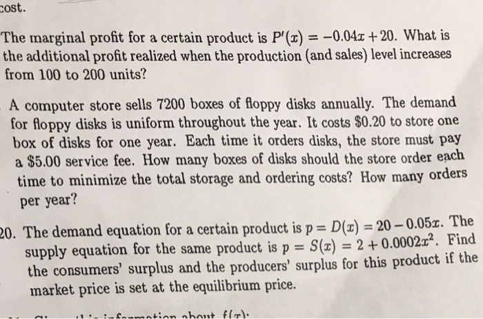 Solved ost. The marginal profit for a certain product is | Chegg.com