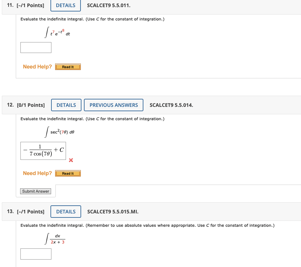 Solved 11. [-/1 Points) DETAILS SCALCET9 5.5.011. Evaluate | Chegg.com