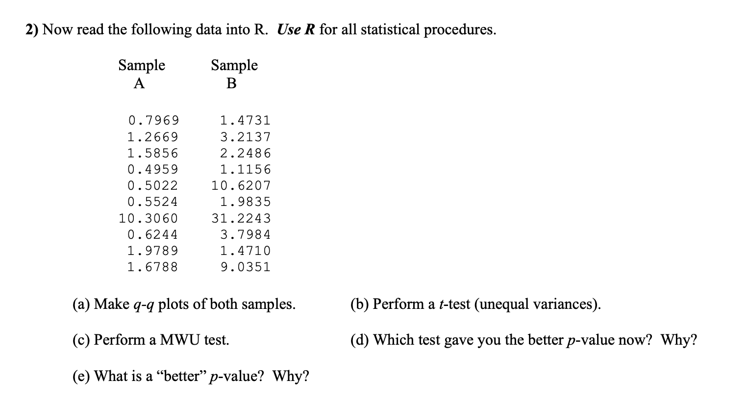 Solved 2) Now read the following data into R. Use R for all | Chegg.com