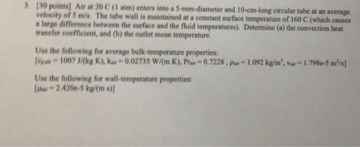 Solved Air at 20 C (1 atm) enters into a 5-mm-diameter and | Chegg.com