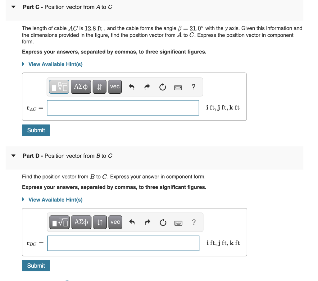 Solved Part C - Position vector from A to C The length of | Chegg.com