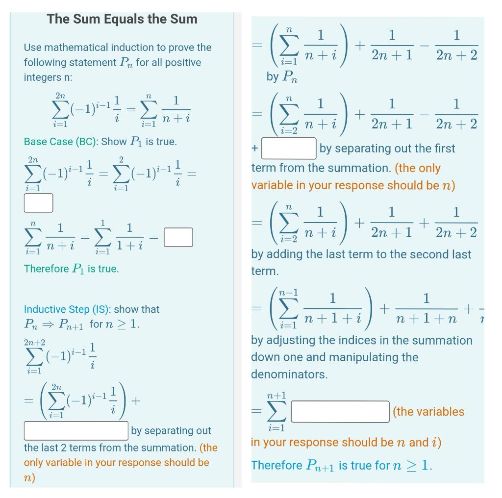 The Sum Equals the Sum Use mathematical induction to | Chegg.com