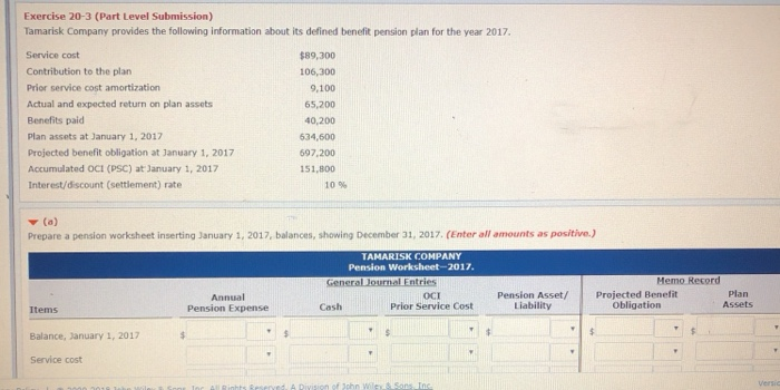 Solved Exercise 20-3 (Part Level Submission) Tamarisk | Chegg.com