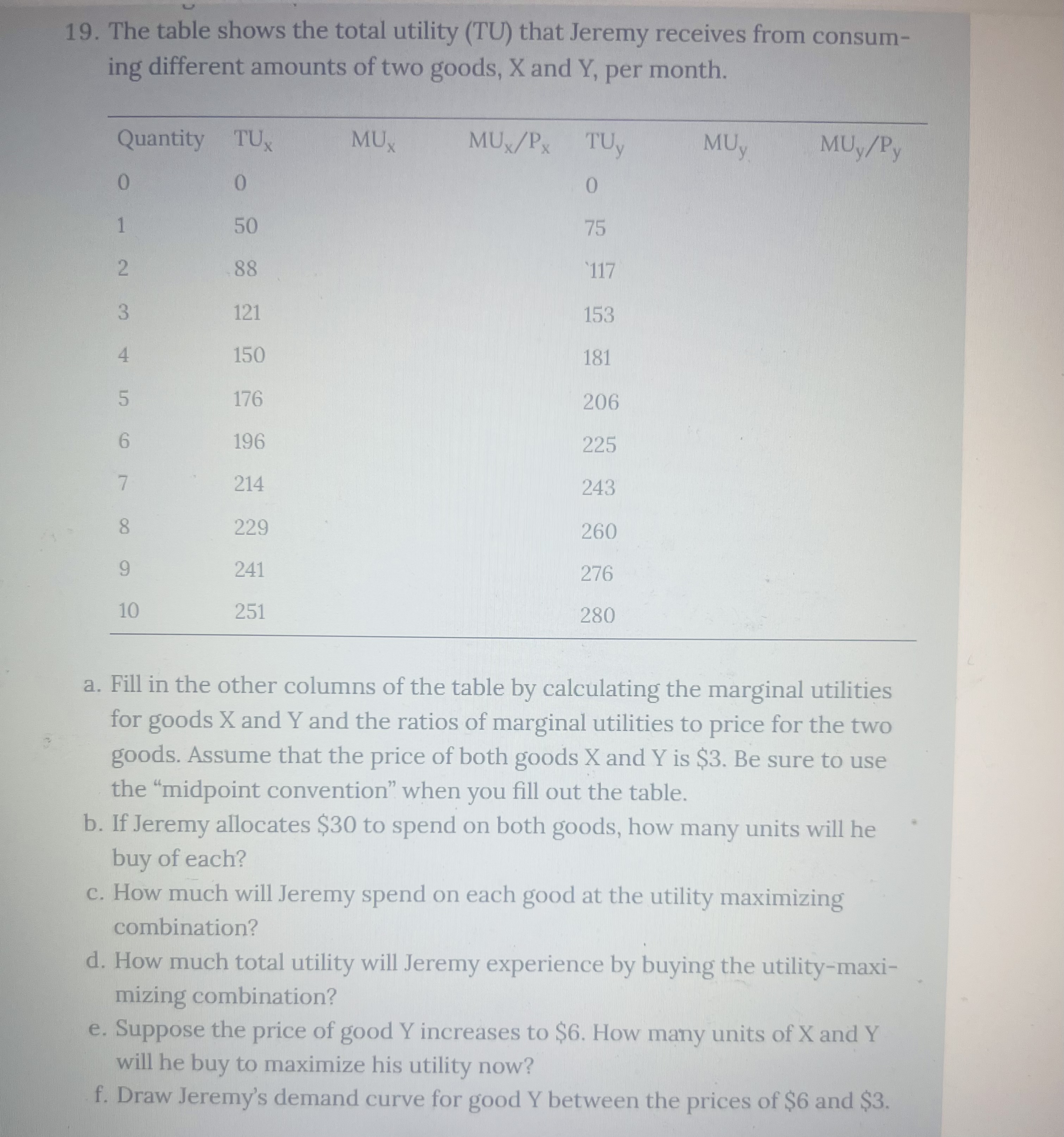 Solved 19. The table shows the total utility (TU) that | Chegg.com