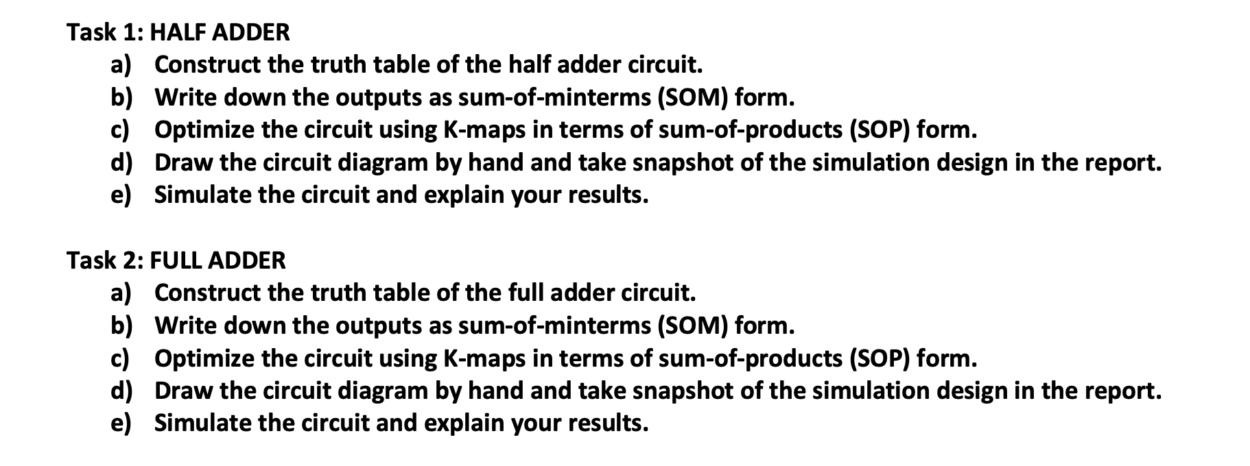 Solved Task 1: HALF ADDER a) Construct the truth table of | Chegg.com
