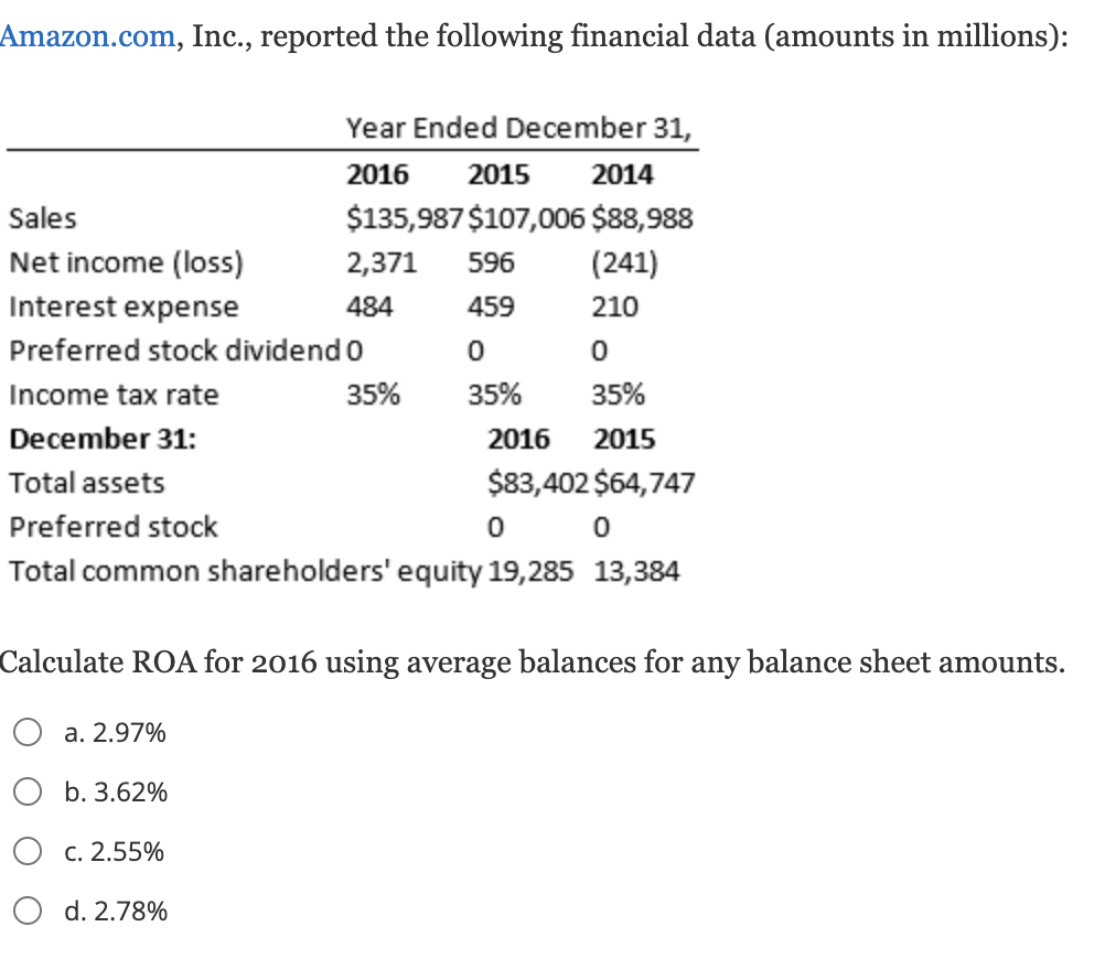 Solved Amazon.com, Inc., reported the following financial | Chegg.com
