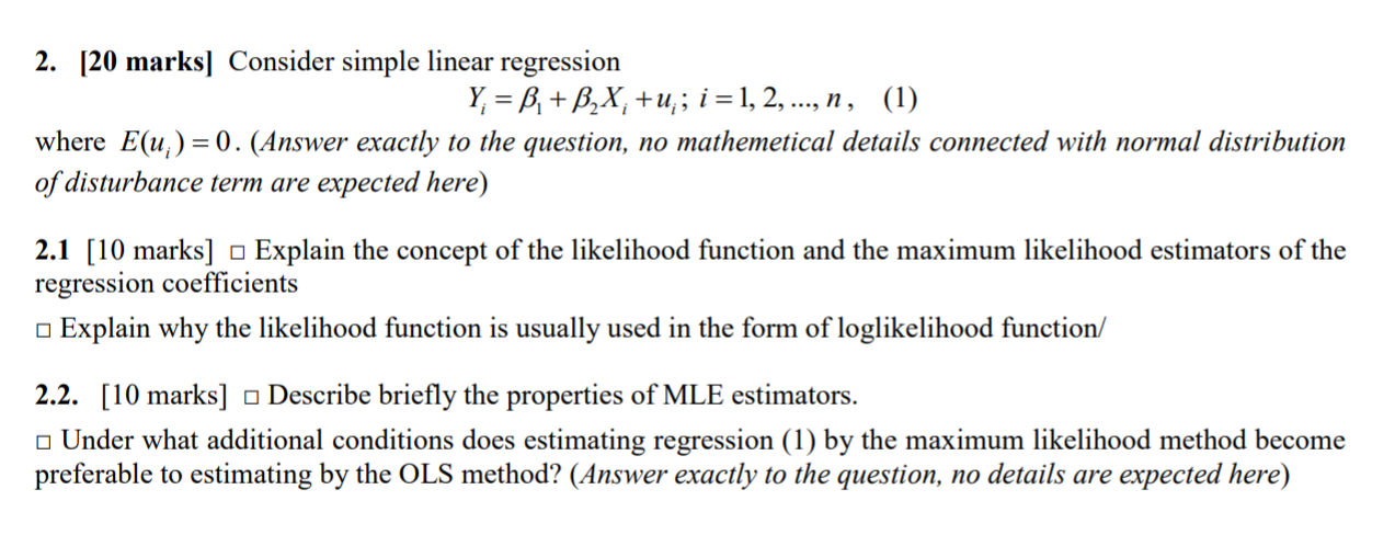 Solved + 2. [20 marks] Consider simple linear regression Y = | Chegg.com