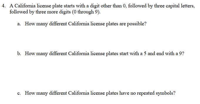 Solved 4. A California license plate starts with a digit | Chegg.com