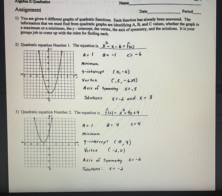 Solved Algebra Il Quadratics Name Assignment Date Period 1) | Chegg.com