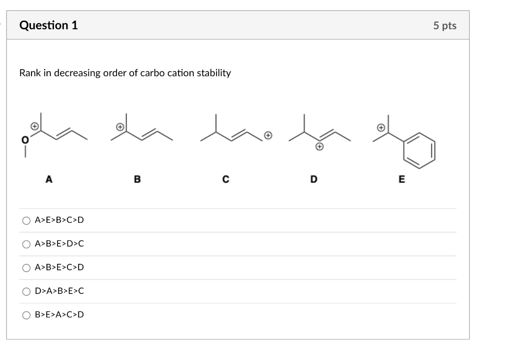 Solved Rank in decreasing order of carbo cation stability A | Chegg.com