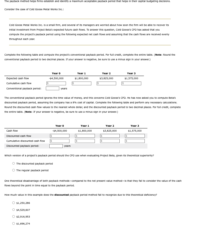 Solved The payback method helps firms establish and Identify | Chegg.com