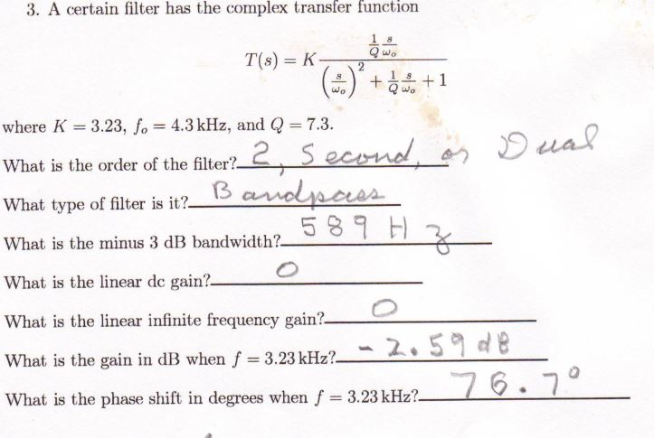 Solved 3. A certain filter has the complex transfer function | Chegg.com