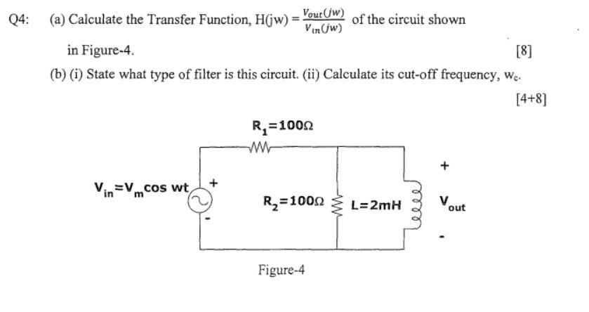 Solved Q4: (a) Calculate the Transfer Function, H(jw) = Vout | Chegg.com