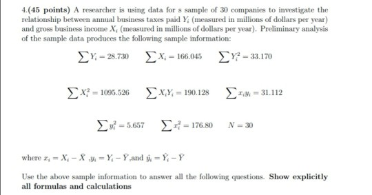Solved 4.(45 points) A researcher is using data for s sample | Chegg.com