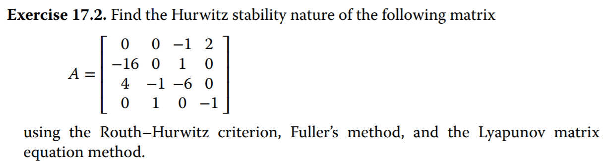 Solved Exercise 17.2. Find the Hurwitz stability nature of | Chegg.com