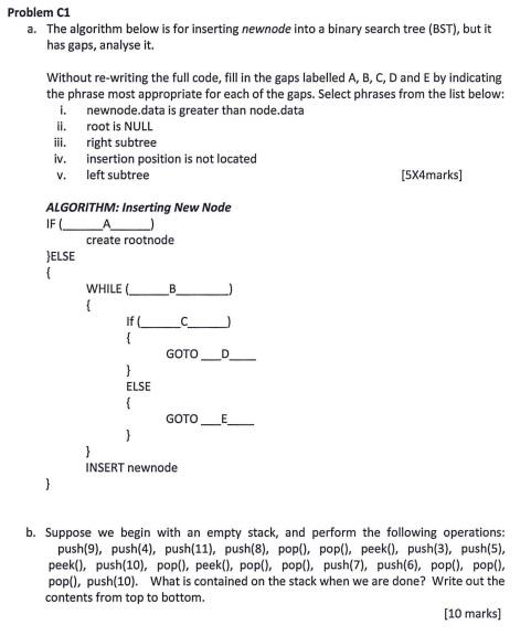 Solved Problem C1 a. The algorithm below is for inserting | Chegg.com