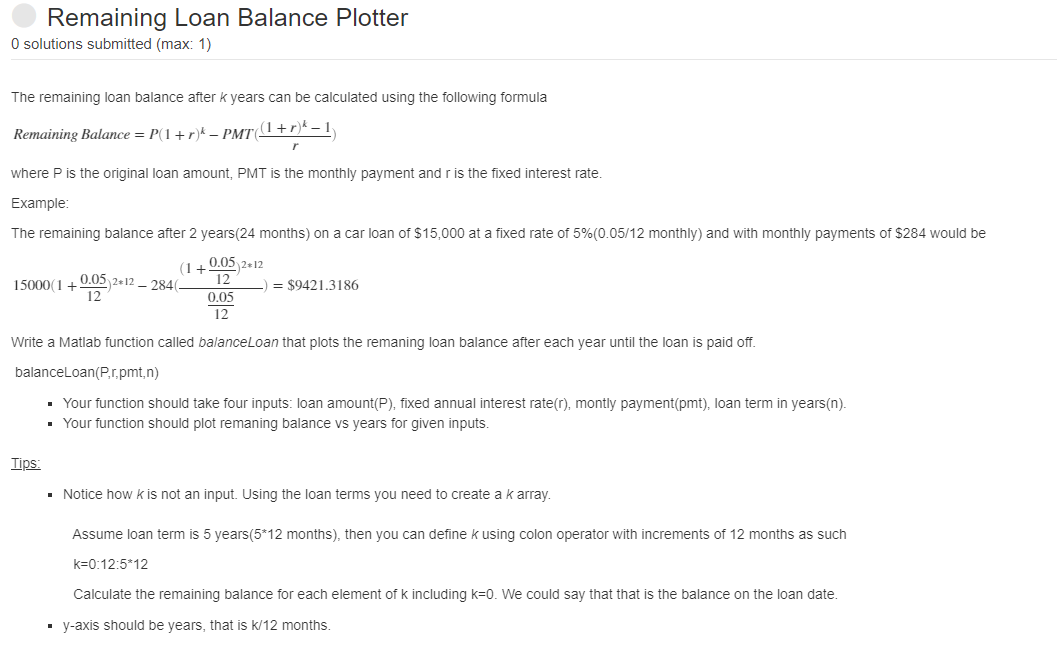 Solved Remaining Loan Balance Plotter O solutions submitted | Chegg.com