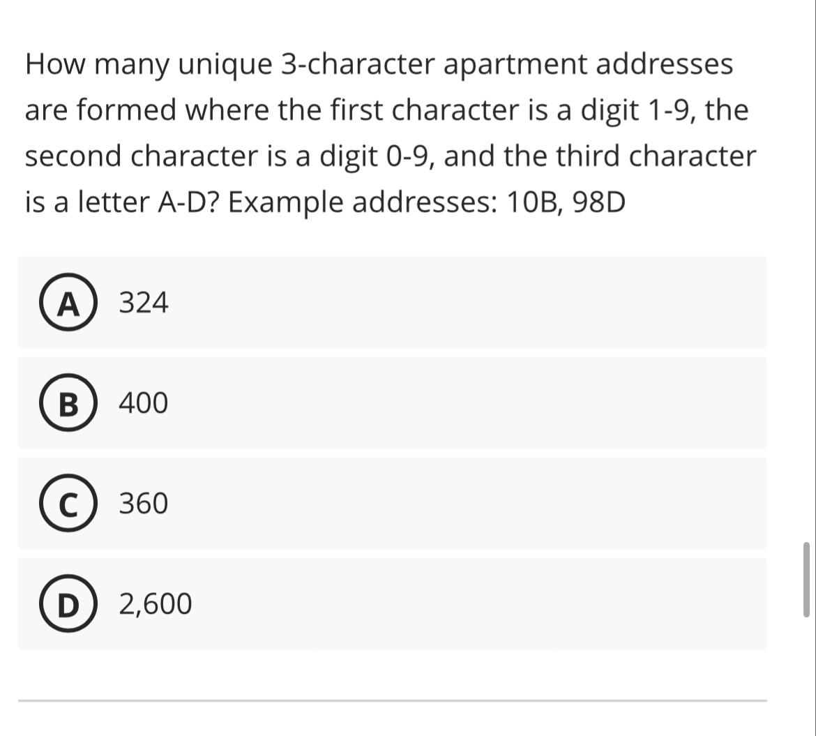 Solved How many unique 3-character apartment addresses are | Chegg.com