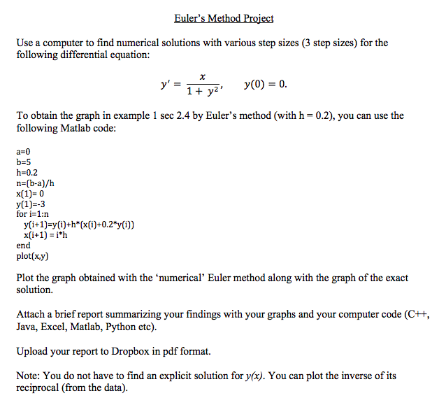 Solved Euler's Method Project Use a computer to find | Chegg.com
