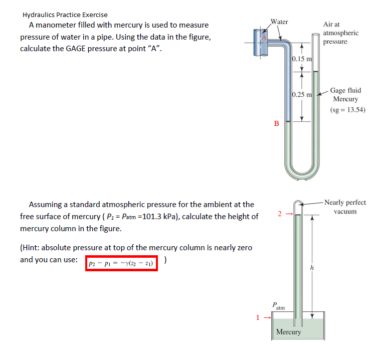 Solved Hydraulics Practice Exercise Water A manometer filled | Chegg.com