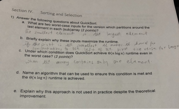 Solved Section IV. Sorting and Selection 1) Answer the | Chegg.com