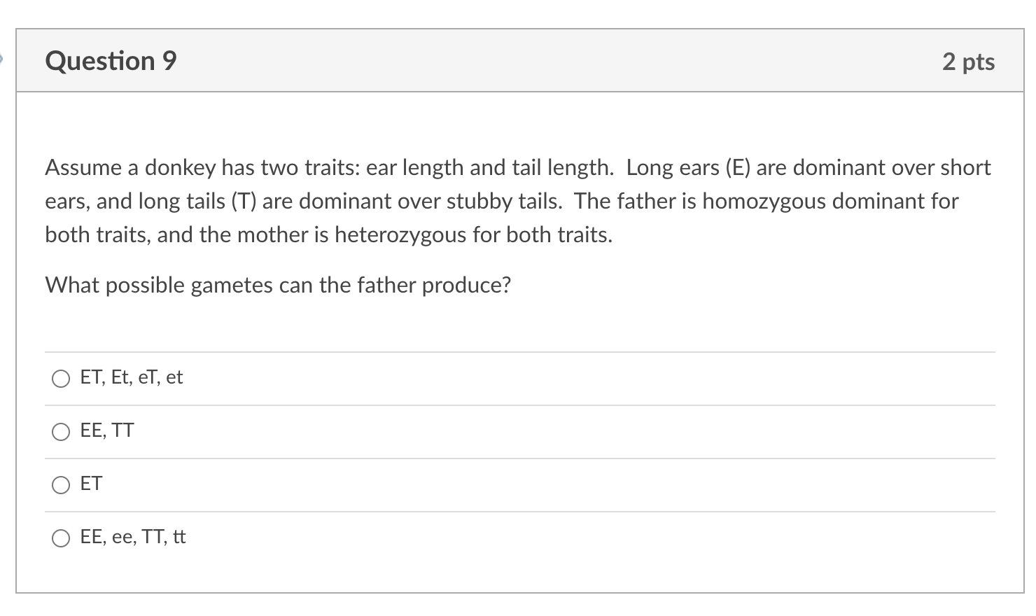 Solved Question 9 2 pts Assume a donkey has two traits: ear | Chegg.com