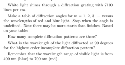 Solved White light shines through a diffraction grating with | Chegg.com