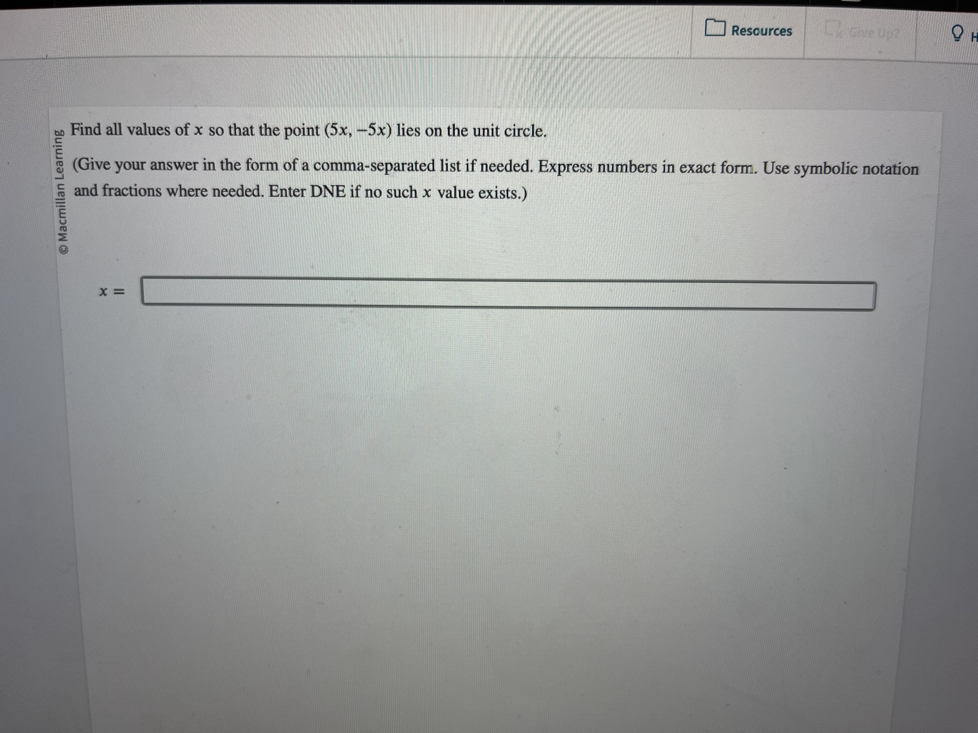 Solved Find all values of x so that the point (5x,−5x) lies | Chegg.com