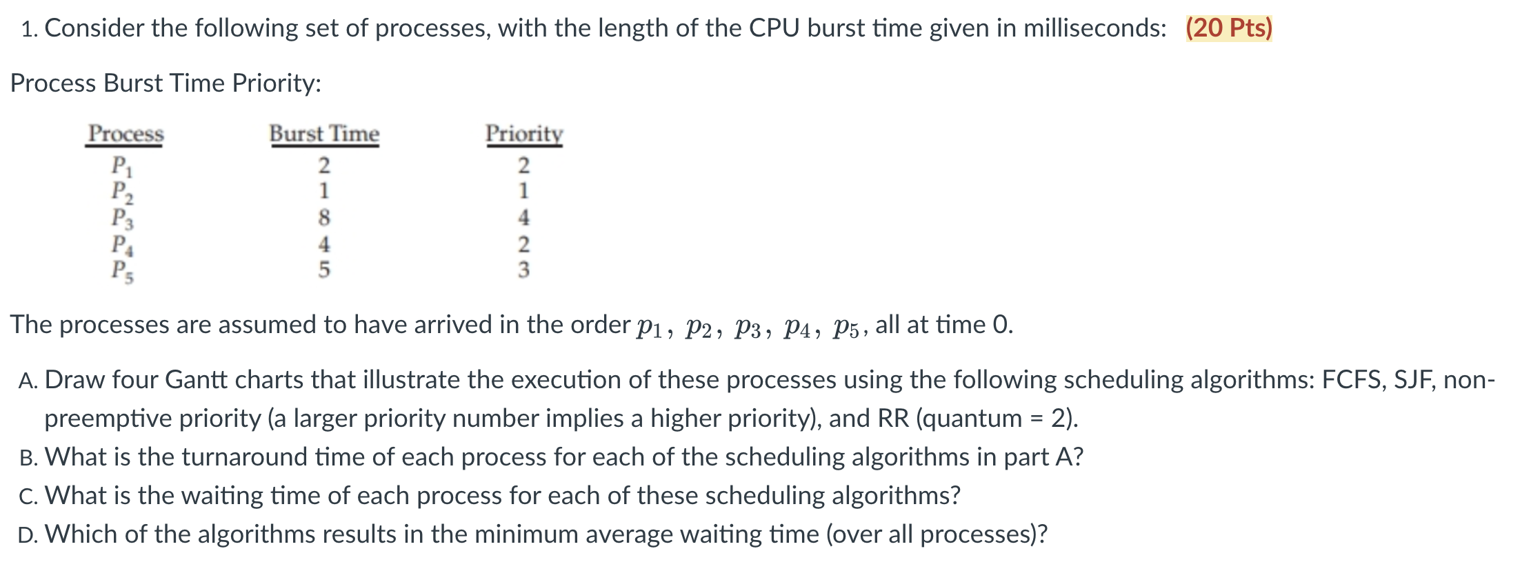 1. Consider the following set of processes, with the | Chegg.com