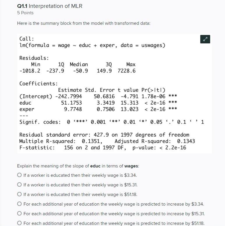 Solved Q1.1 Interpretation of MLR 5 Points Here is the | Chegg.com
