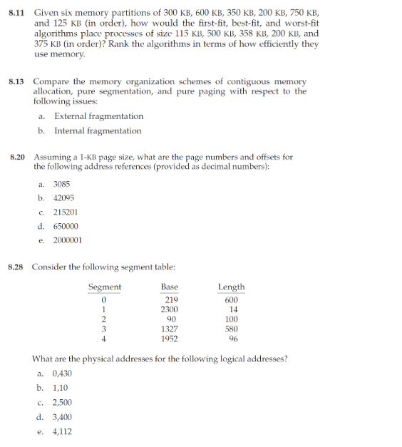 8.11 Given six memory partitions of 300 KB,600 KB,350 | Chegg.com