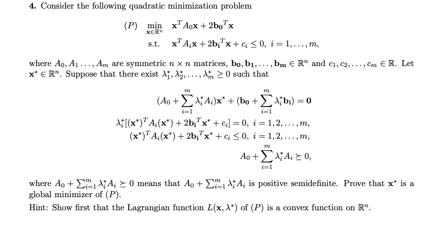 4. Consider the following quadratic minimization | Chegg.com