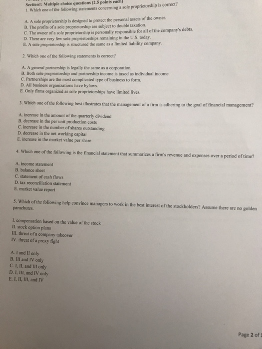 Solved SectionI: Multiple choice questions (2.5 points each) | Chegg.com