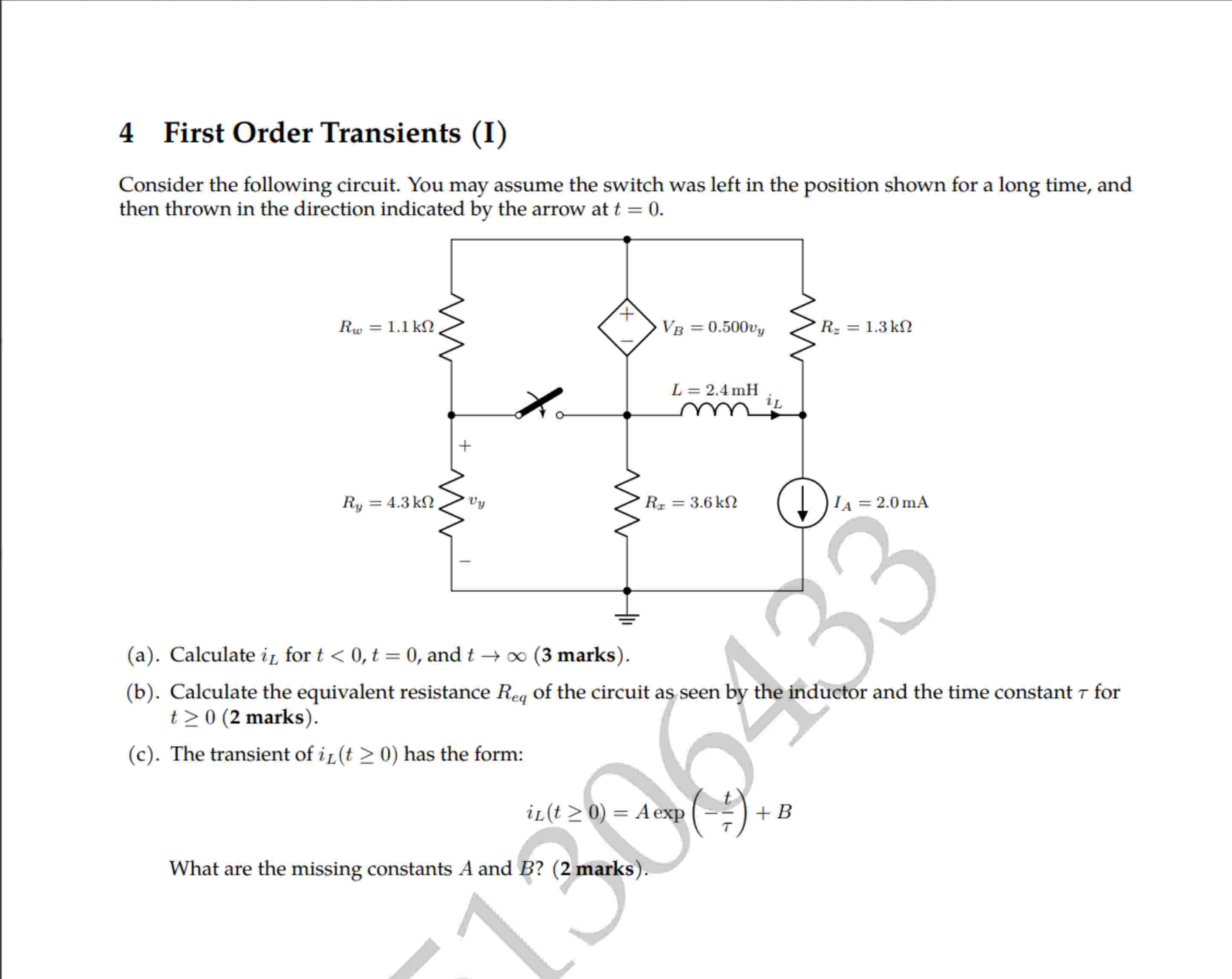 Solved 4 ﻿First Order Transients (I)Consider the following | Chegg.com