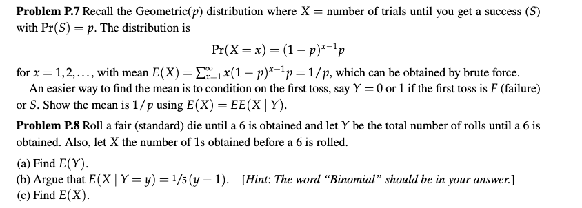 Solved Problem P.7 Recall the Geometric(p) distribution | Chegg.com