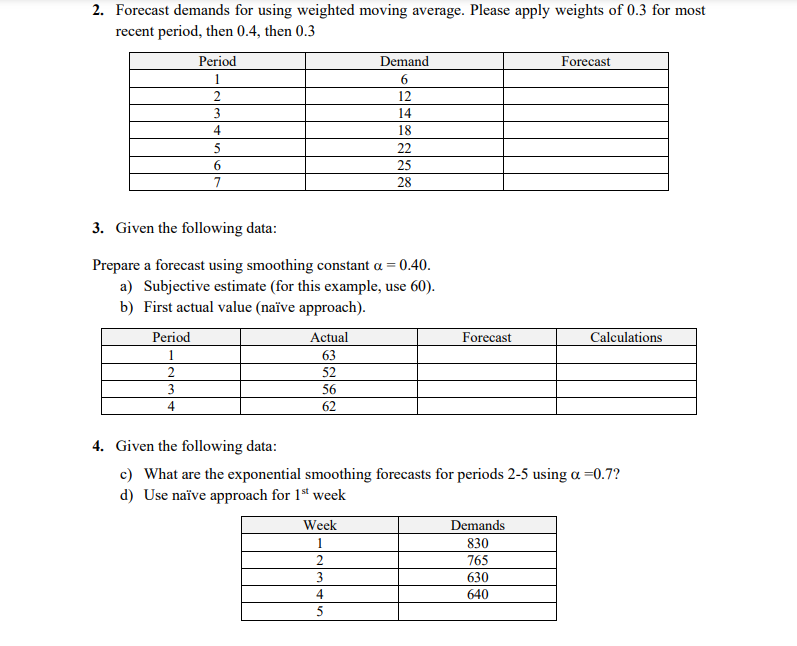 Solved 2. Forecast demands for using weighted moving | Chegg.com