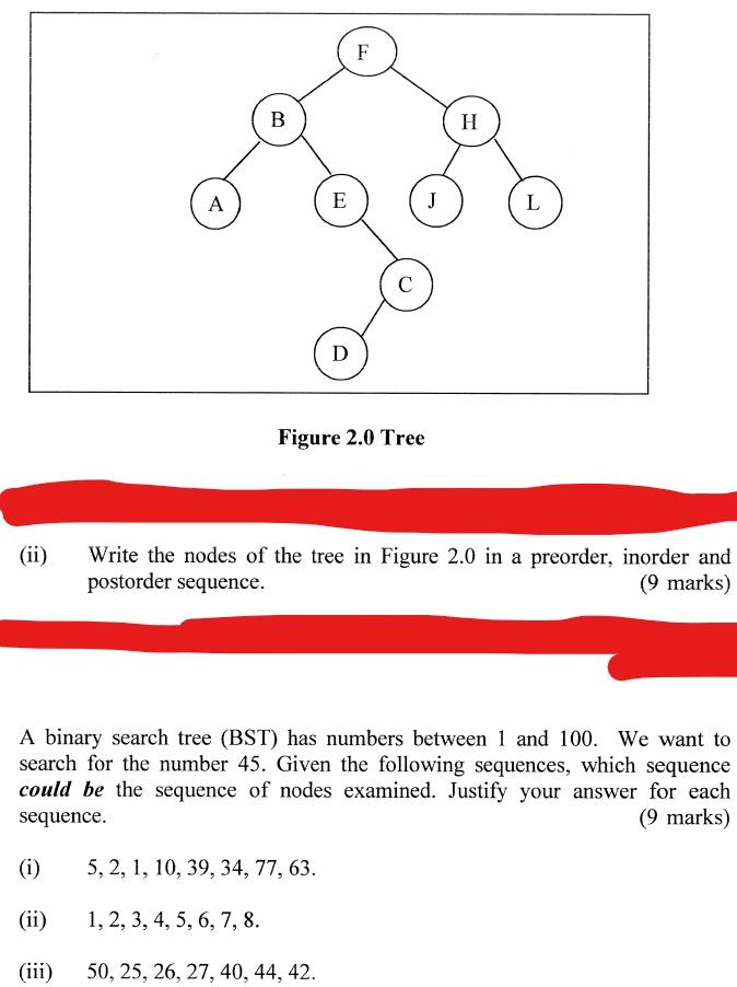 Solved F B H A E J L с D Figure 2.0 Tree (ii) Write the | Chegg.com