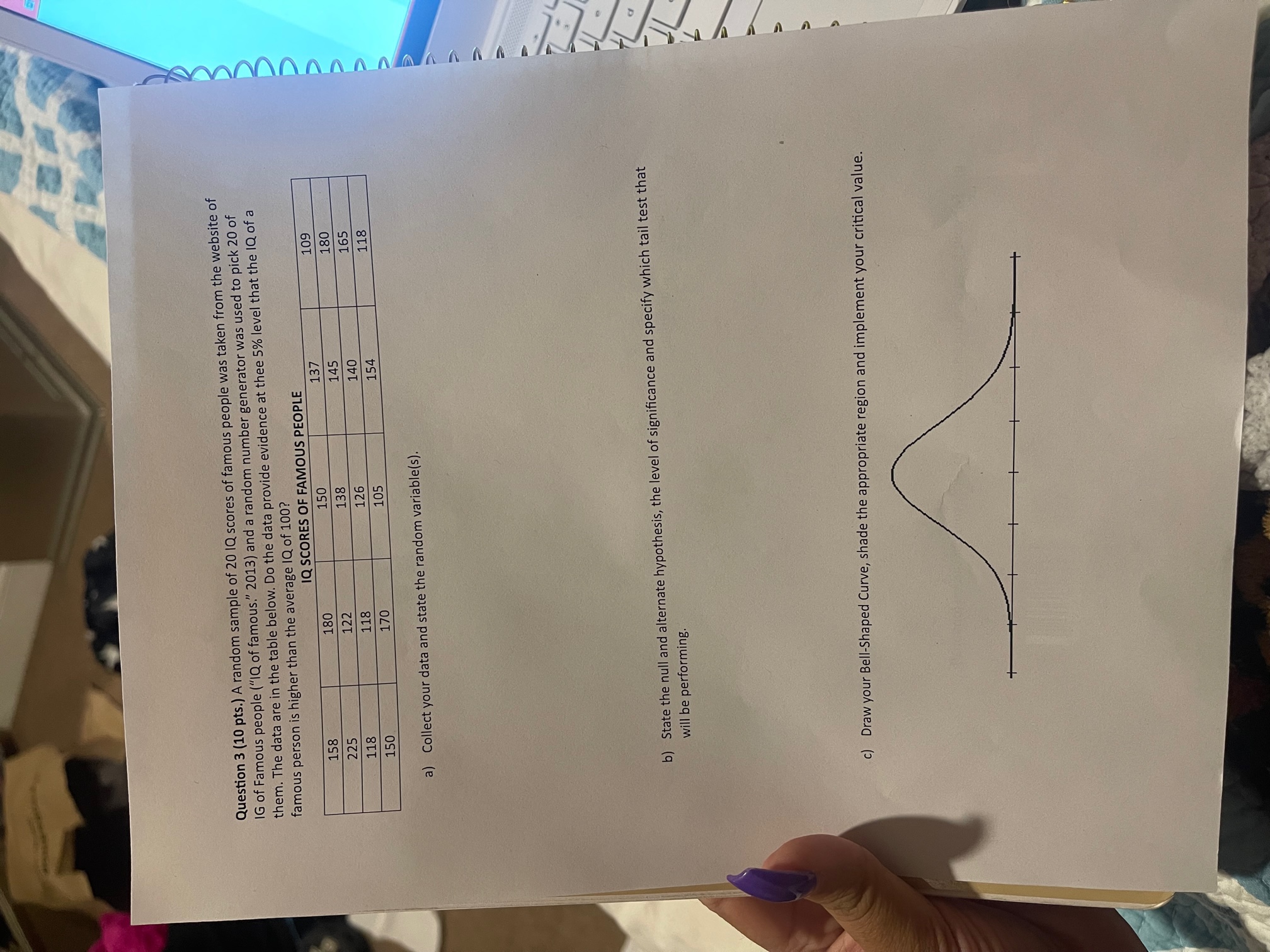 Solved Question 3 (10 pts.) A random sample of 20IQ scores | Chegg.com