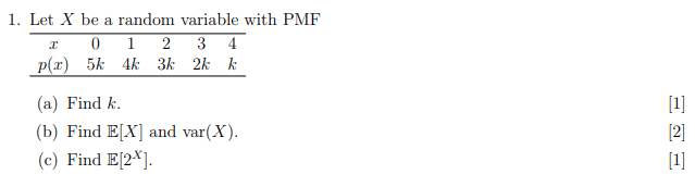 Solved 1. Let X be a random variable with PMF (a) Find k, | Chegg.com