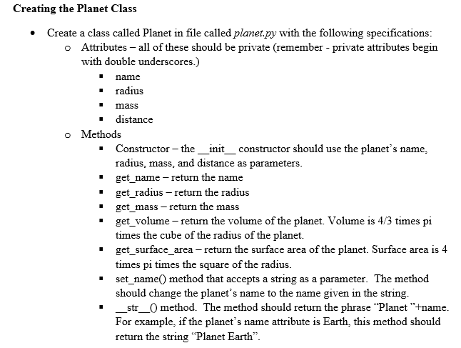 Solved • Create a class called Planet in file called | Chegg.com
