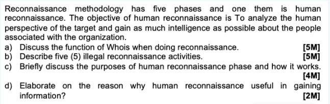 Solved Reconnaissance methodology has five phases and one | Chegg.com
